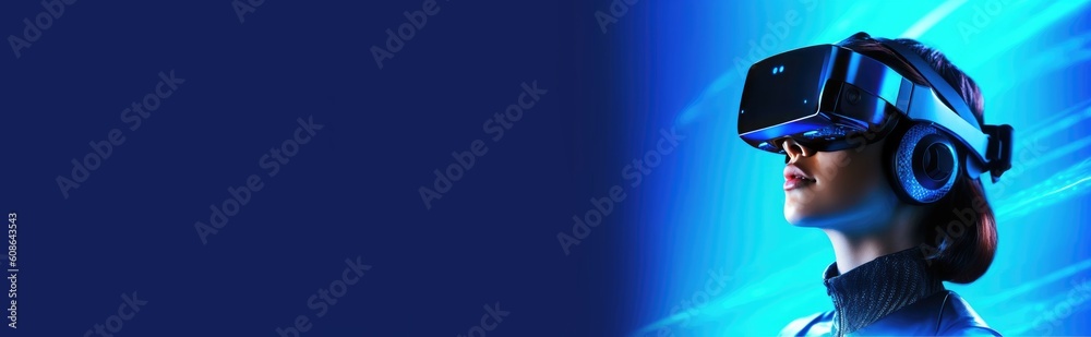 Concept of virtual reality technology. Woman wearing VR headset ...