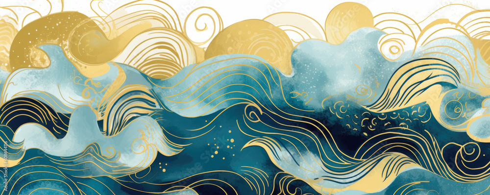 Ocean waves illustration with greek mythology feel design with Japanese ...