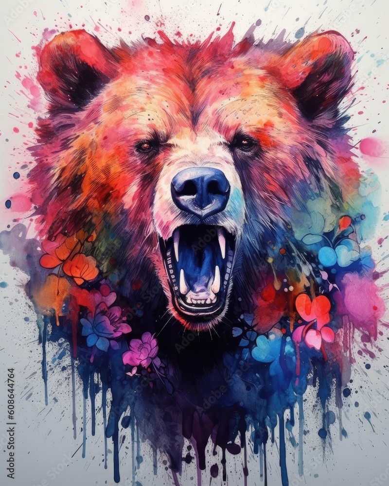 watercolor featuring a powerful and majestic bear against a backdrop of ...