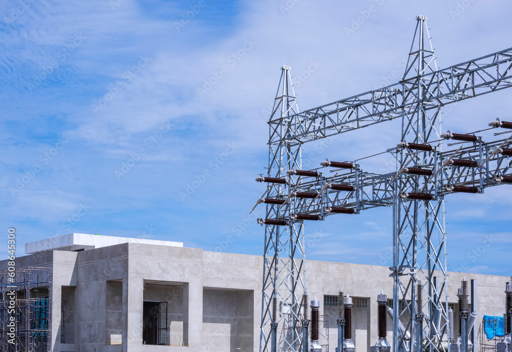 High voltage electric pylon structure with power distribution building ...