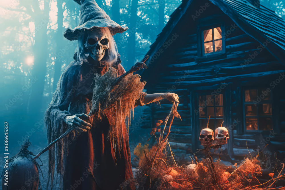 Beautiful and atmospheric halloween illustration with spooky witch ...
