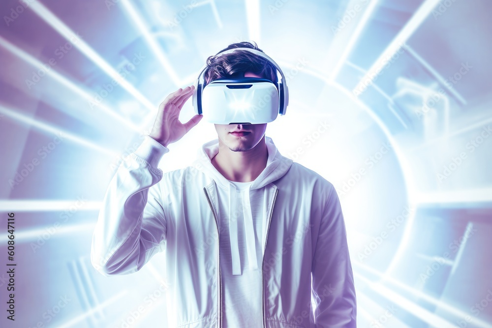 Concept of virtual reality technology. Men wearing VR headset, sparkle ...