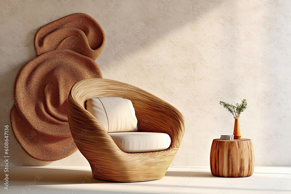 Zebrano wood lounge chair near stucco wall and abstract clay circle ...