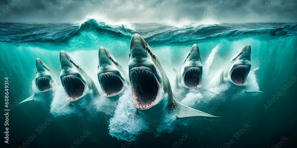 Stunning image capturing aggressive sharks with open jaws amidst ocean ...