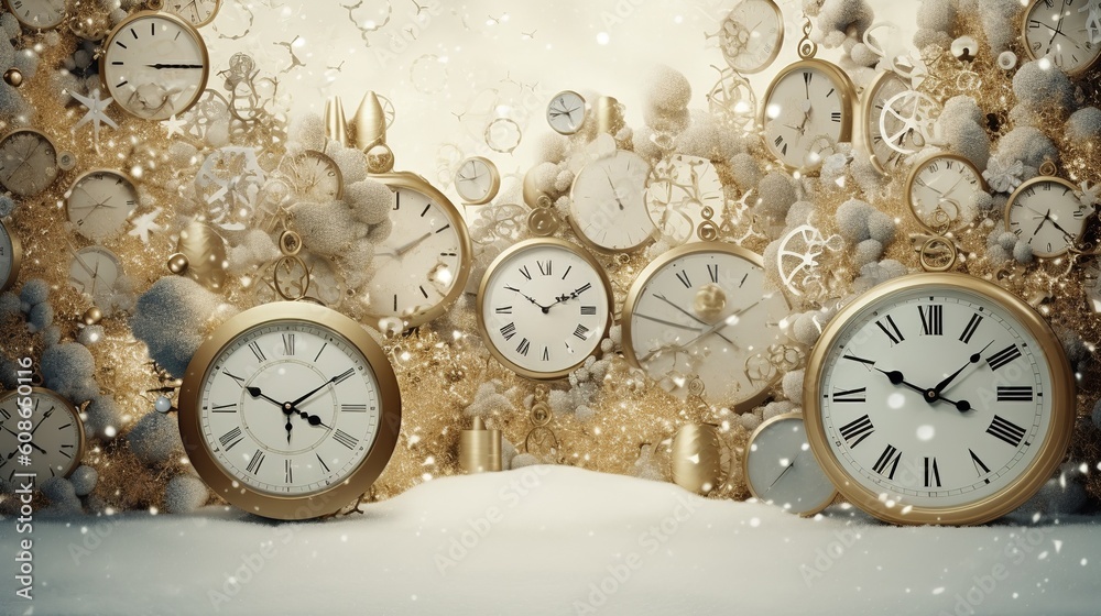 Watch showing different time. Many clocks filling background. Xmas ...