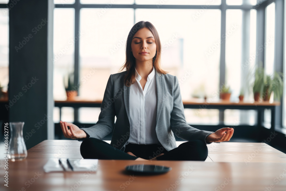 Young female professional meditating on conference table at office ...