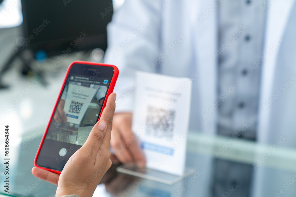Medical pharmacy and contactless payment concept. Asian woman patient ...