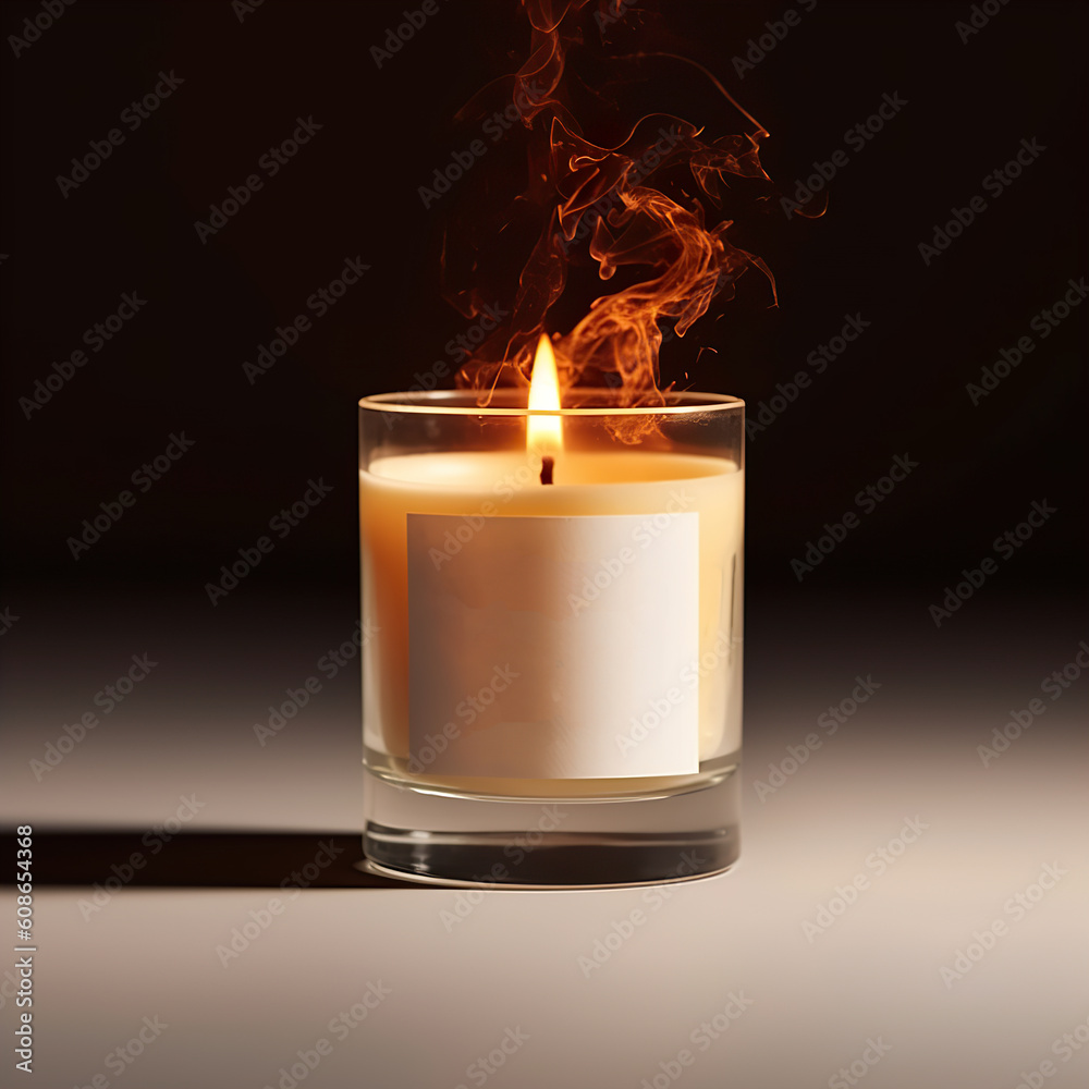 Burning candle mockup, front view of glass candle jar on studio ...