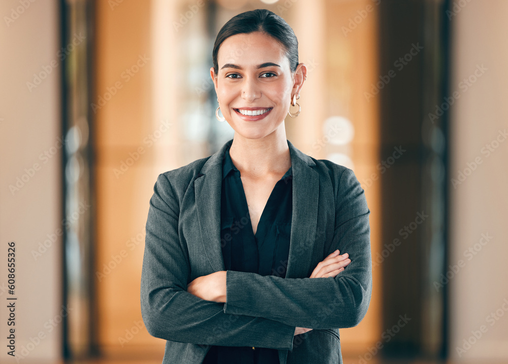 Portrait, smile and arms crossed with a professional business woman in ...