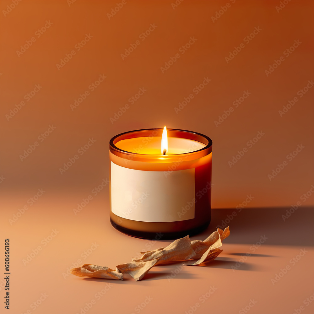 Burning candle mockup, front view of glass candle jar on studio ...