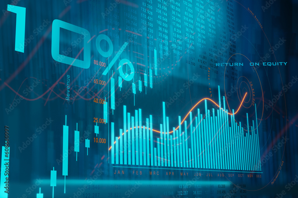 Bar graph moving up. Positive bar chart in blue, rising line in orange ...