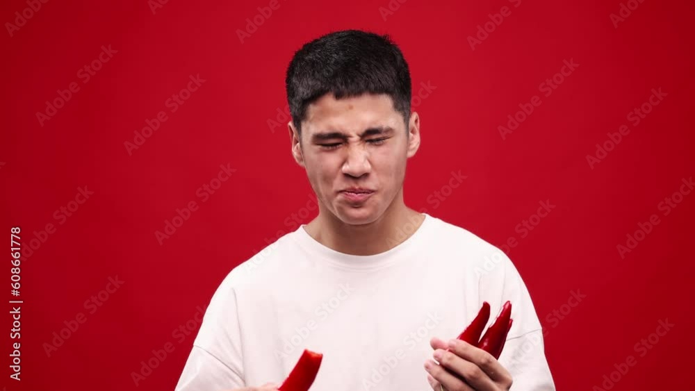 Vidéo Stock Grimace face. Young asian man eating red hot chilli peppers ...