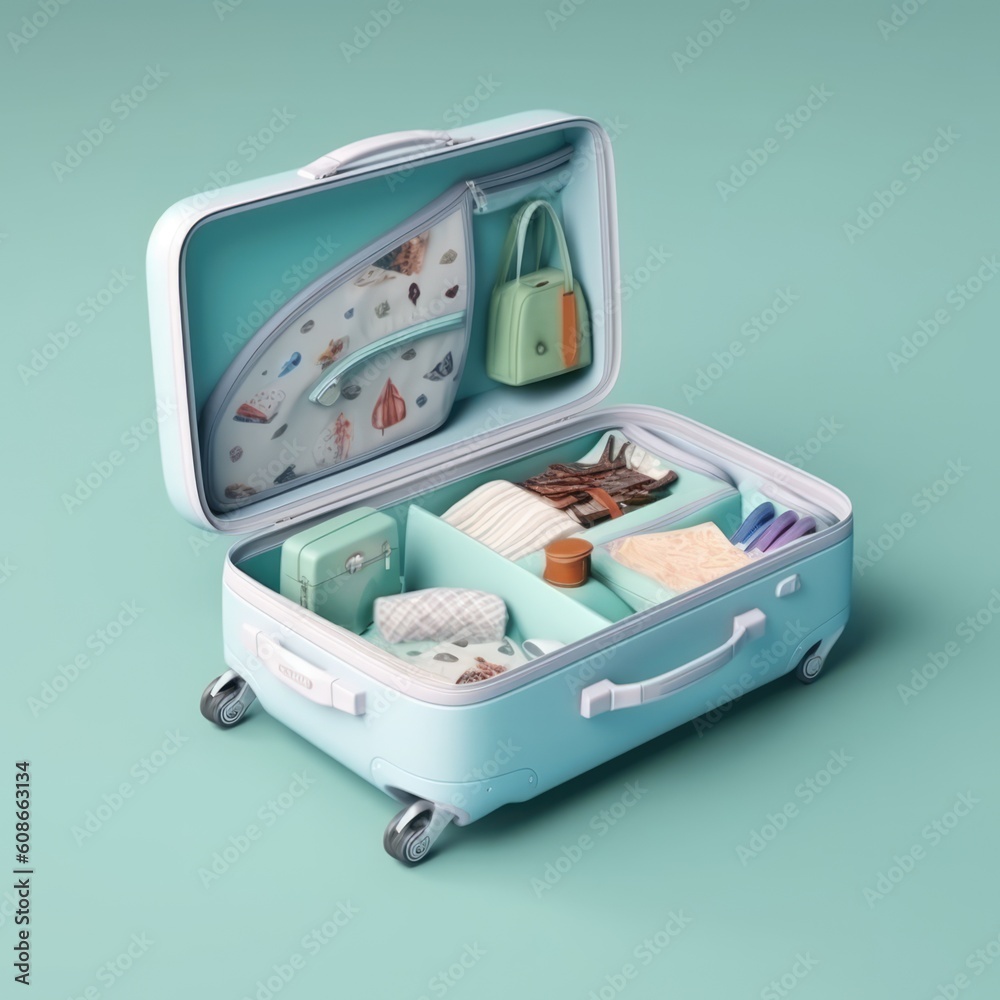 Open blue suitcase packed with accessories, blue background, created ...