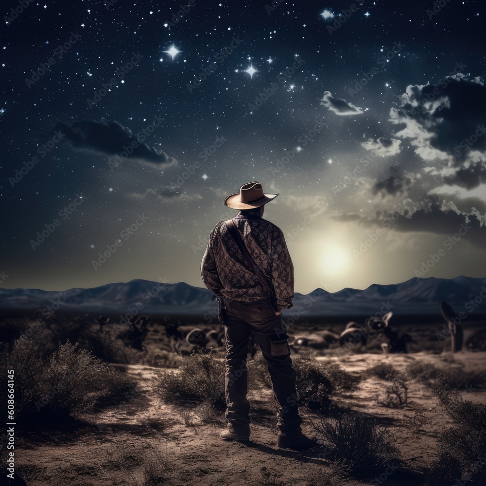 Cowboy star gazing at night sky with full moon, created using ...