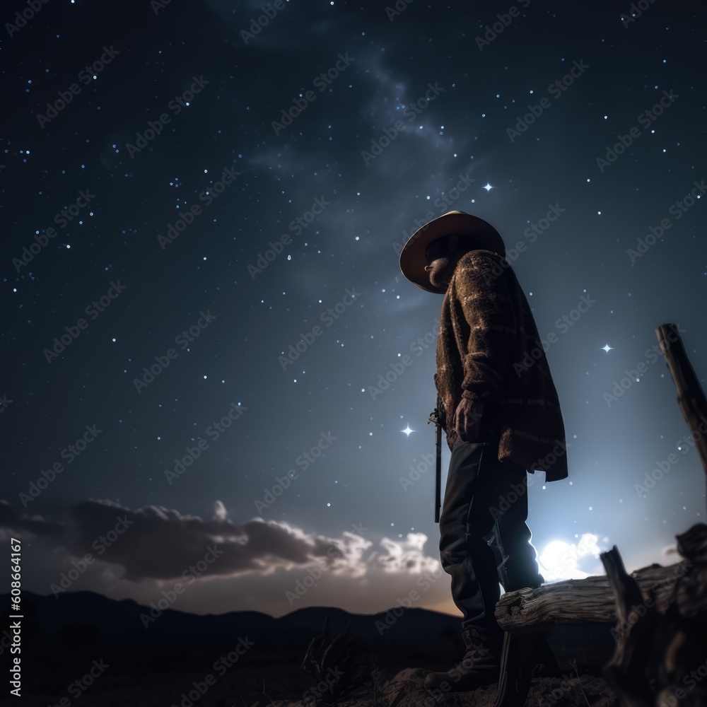 Cowboy star gazing at night sky with full moon, created using ...