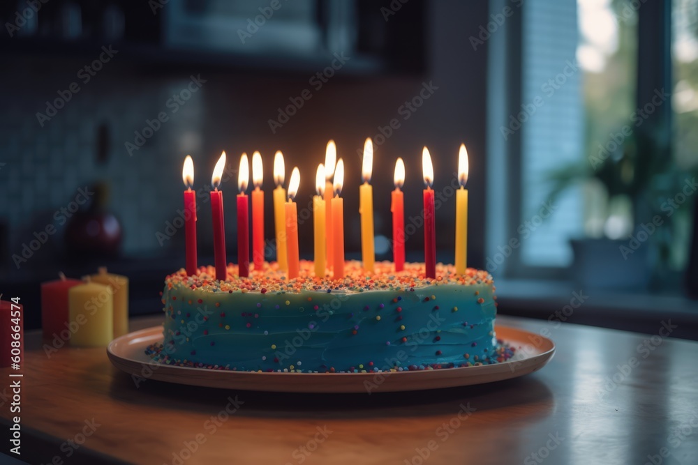 Birthday cake with lit candles on table, created using generative ai ...