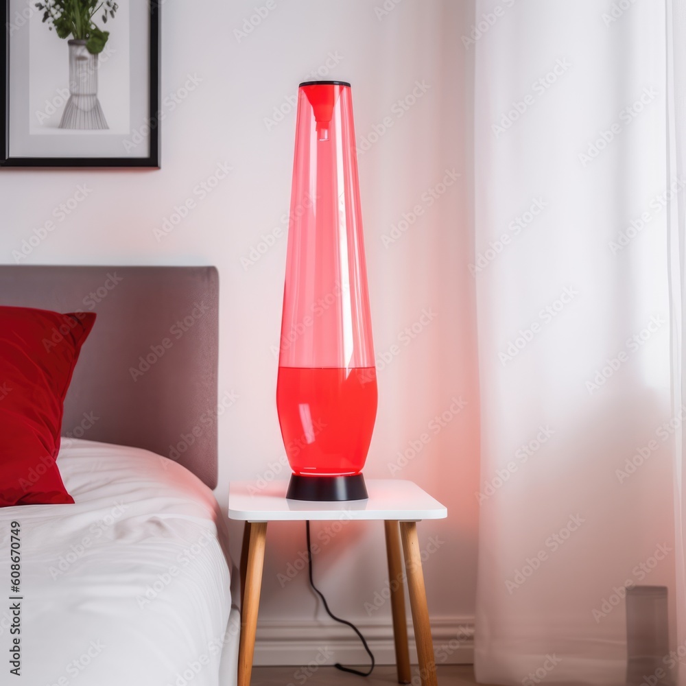 Red lava lamp on bedside table in bedroom at night, created using ...