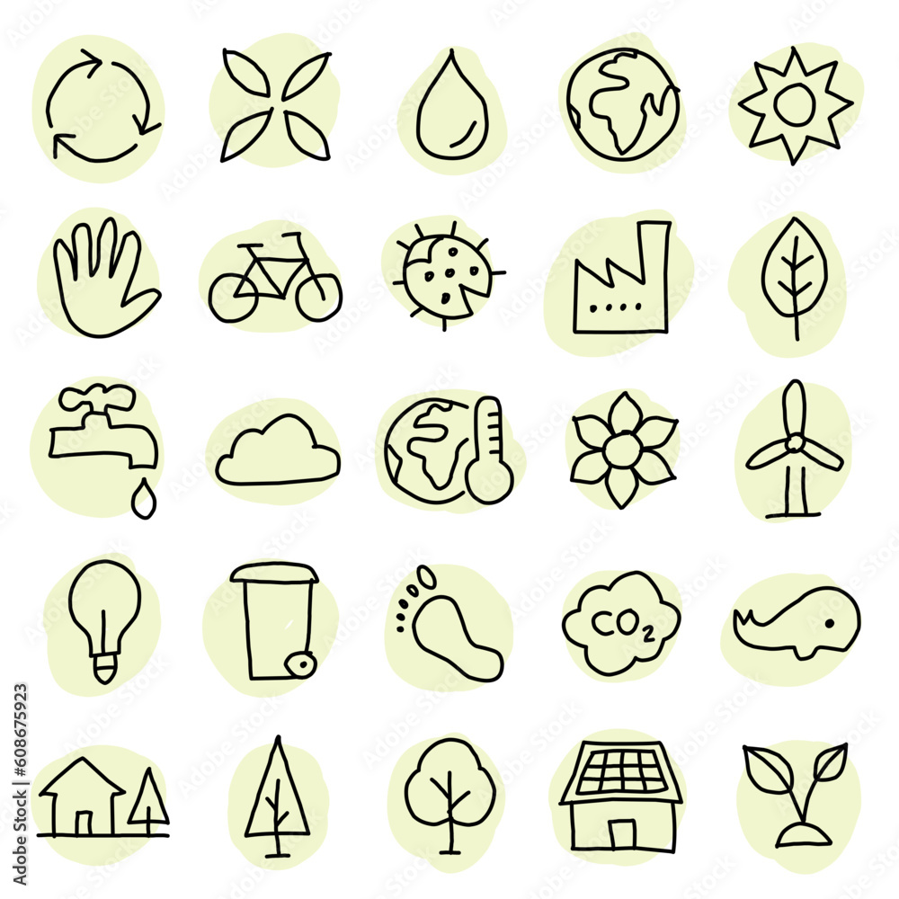 set of icons doodle for web, sustainability, recycle, earth, water ...