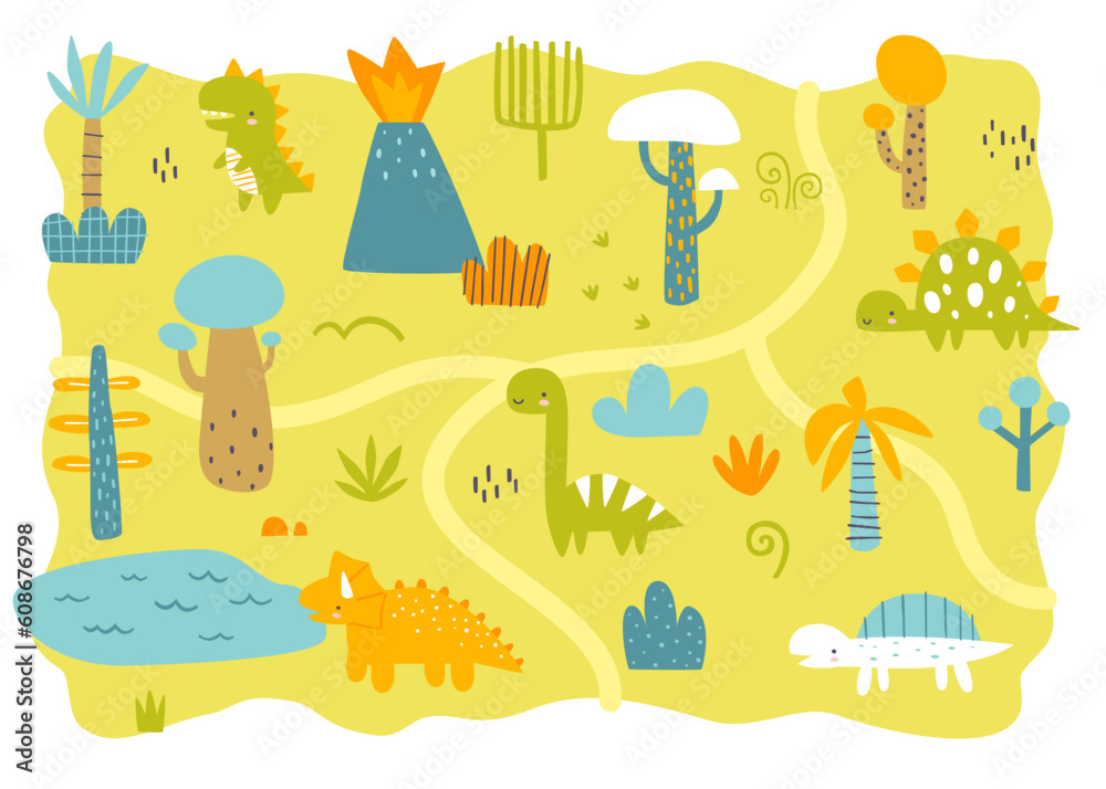 Jurassic landscape cute map for kids. Cartoon dino map print for babies ...