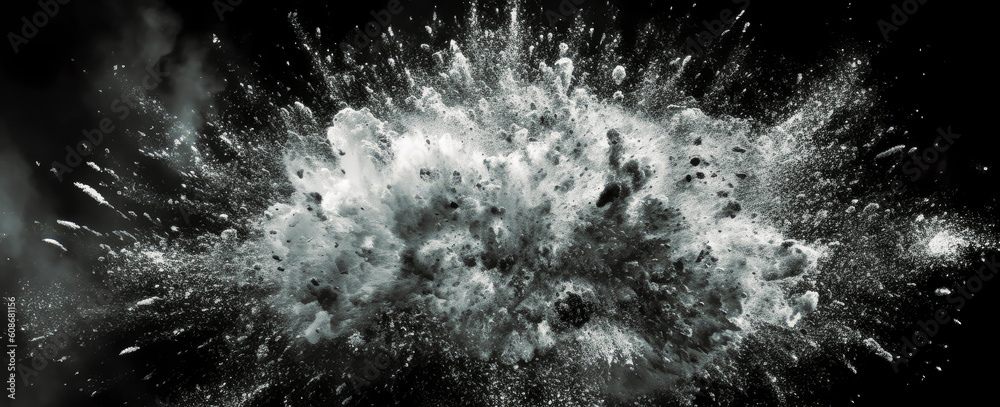 Black and white powdered dust particles explosion on black background ...