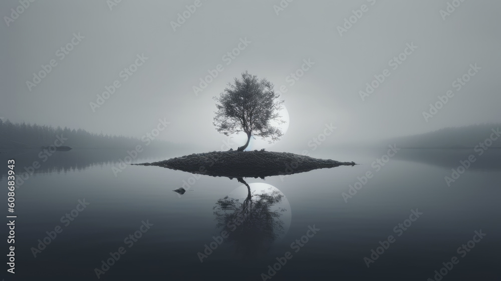 A lone great tree on a puddle in the water, a foggy, gloomy, dramatic ...