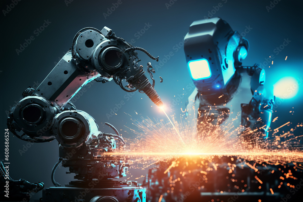 Industrial welding robot and gripping robot working with metal parts on ...