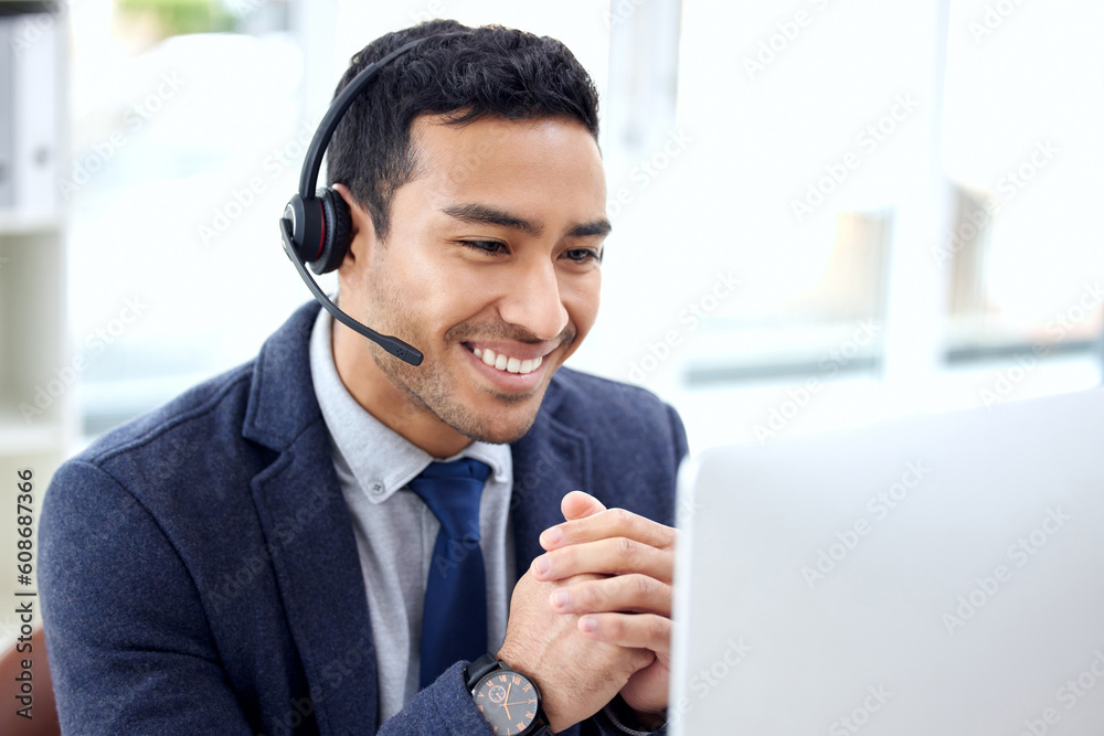 Call center, insurance agent and business man consulting on video call ...