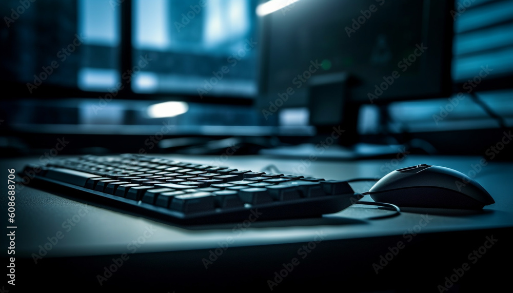 Modern office equipment computer, keyboard, mouse, monitor, and desk ...