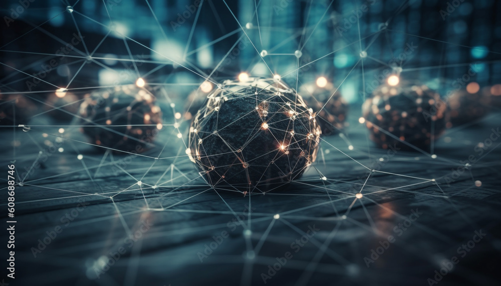 Futuristic computer network glows with abstract blue geometric shapes generated by AI Stock ...