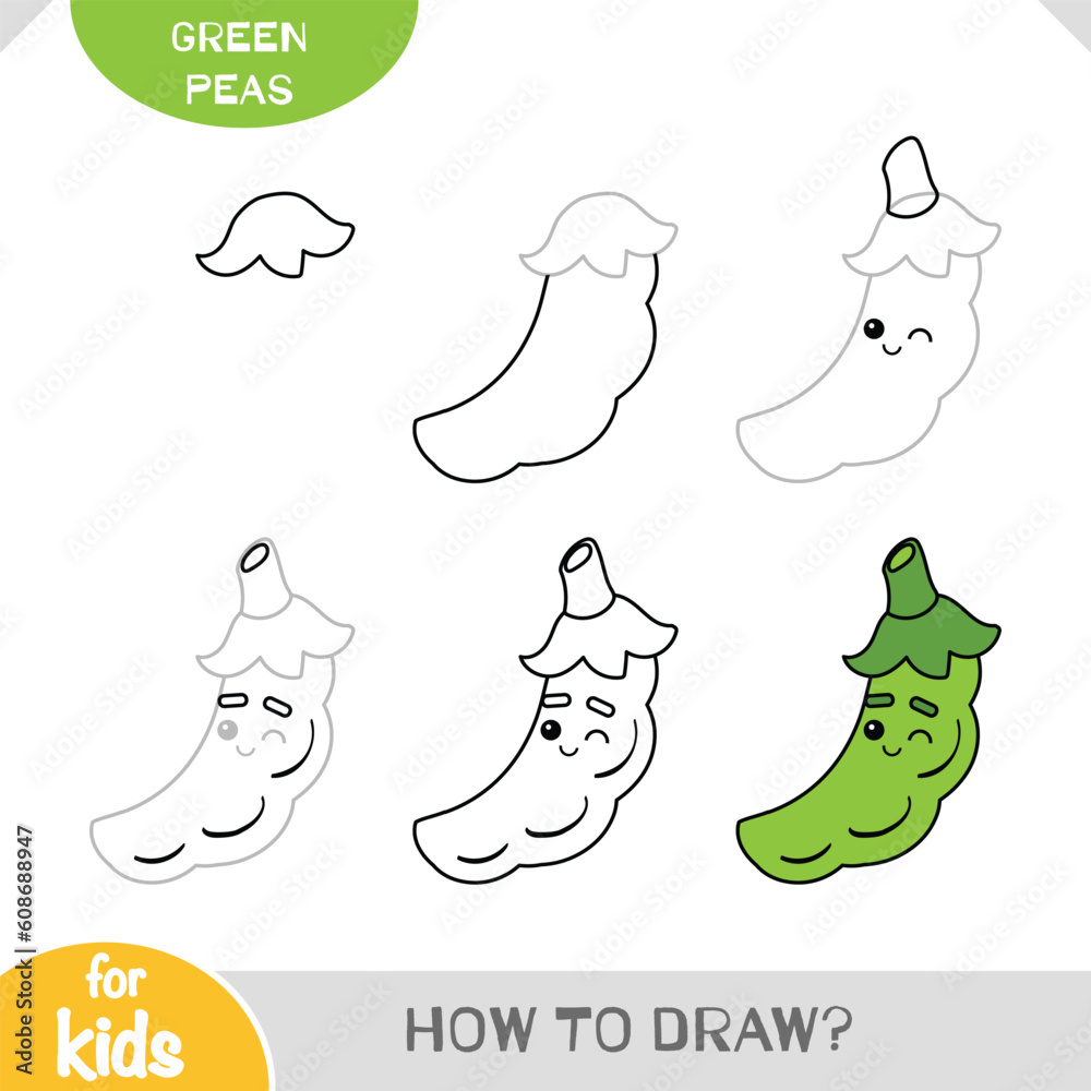 How to draw Peas vegetable with a cute face. Educational step by step ...