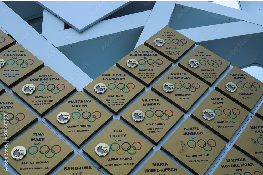The Wall of Champions installation on Olympic Square, plaques with the ...