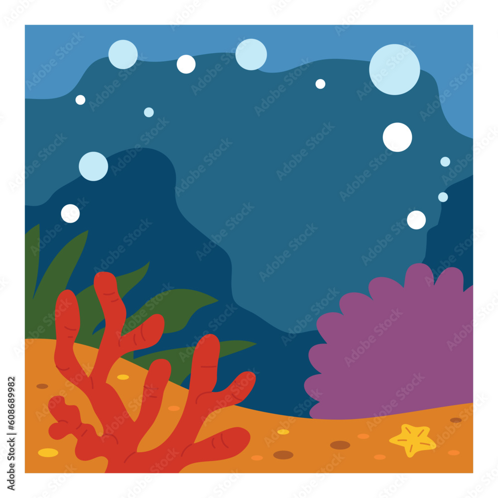 Underwater sea background. Cartoon ocean floor with seaweeds and corals ...