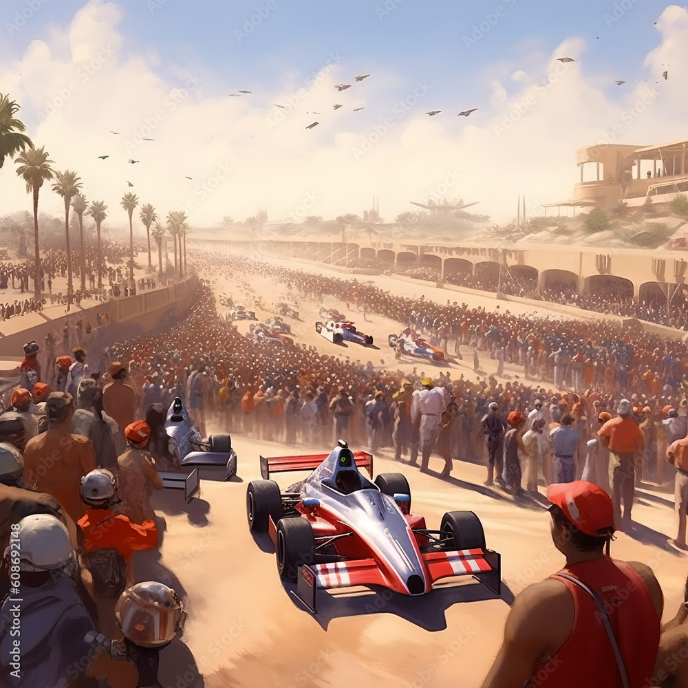 Racing track with huge crowd. Formula car. Racing in the desert. Racing ...