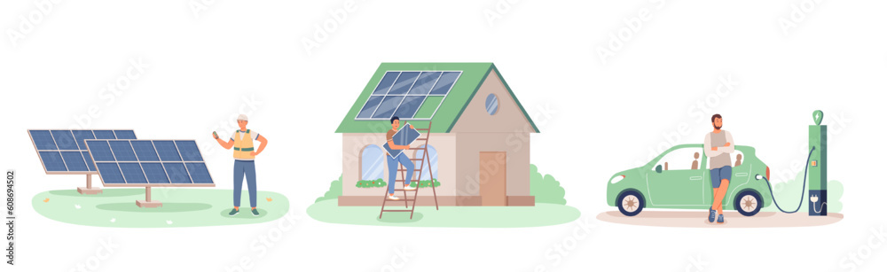 Set of illustrations about use of green energy. Man connects solar farm ...