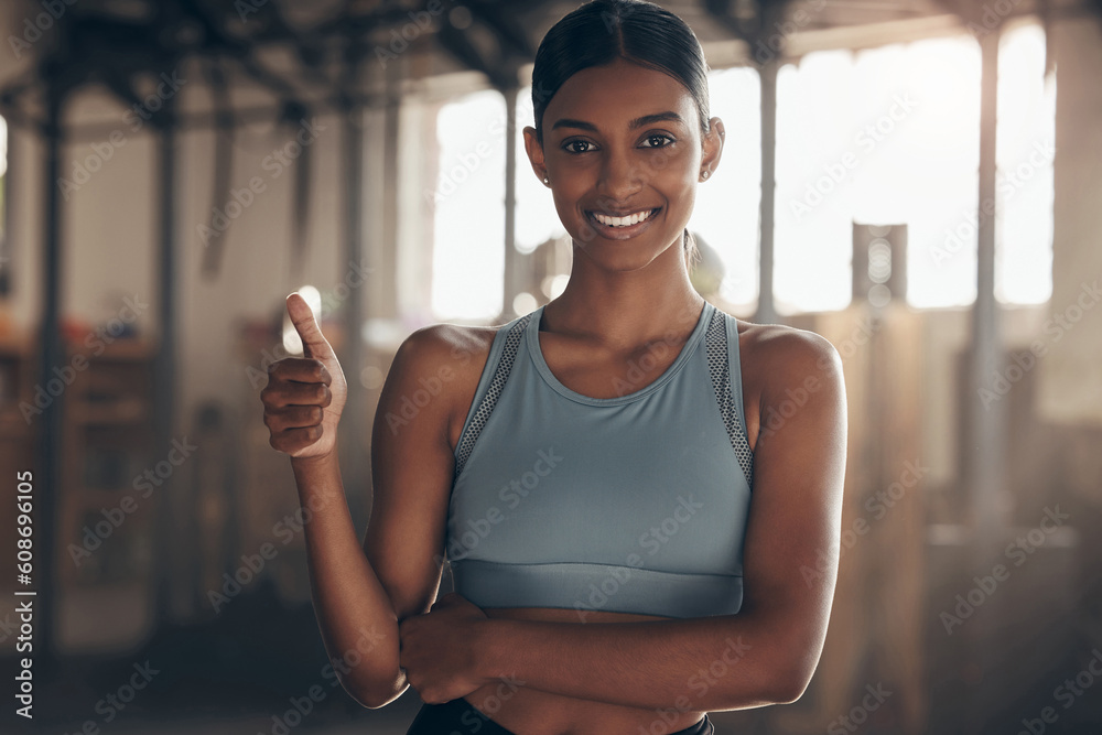 Woman in gym, thumbs up with smile in portrait, like fitness with emoji ...