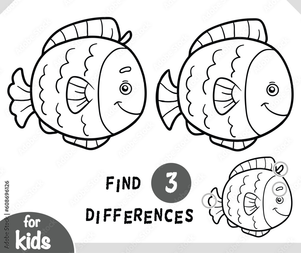 Cute cartoon fish, find differences educational game for kids, black ...