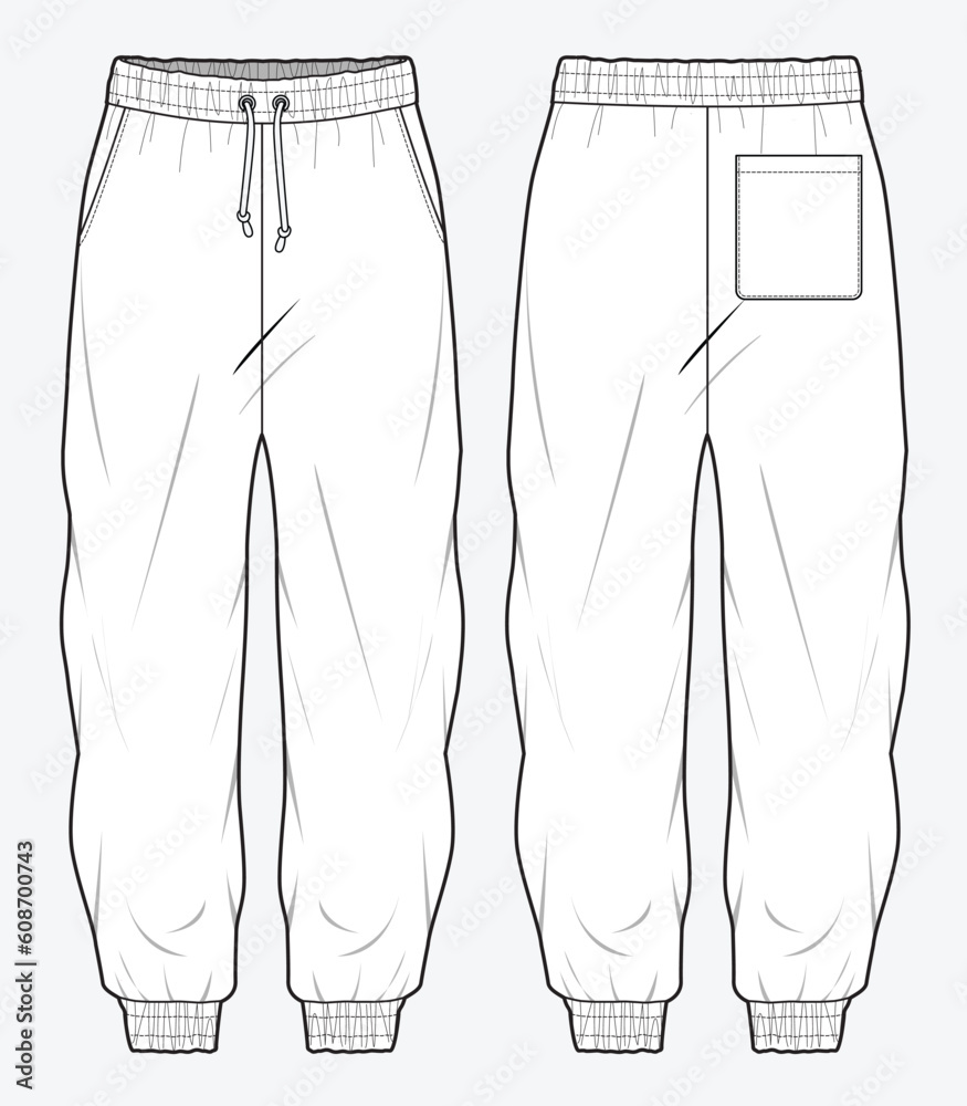 Oversized jogger front and back view flat drawing vector illustration ...