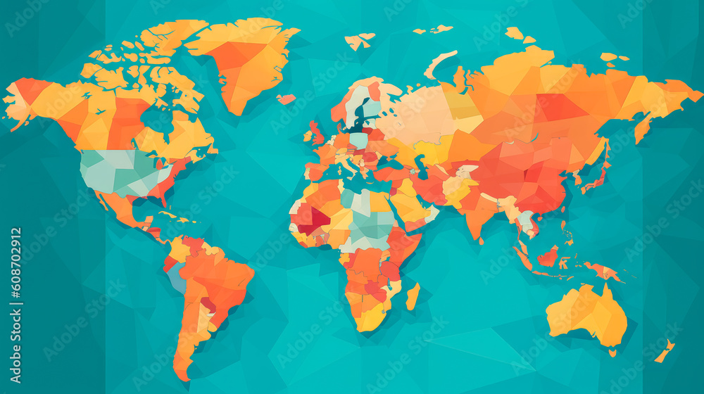 Global political map of the world, in the style of bright color ...