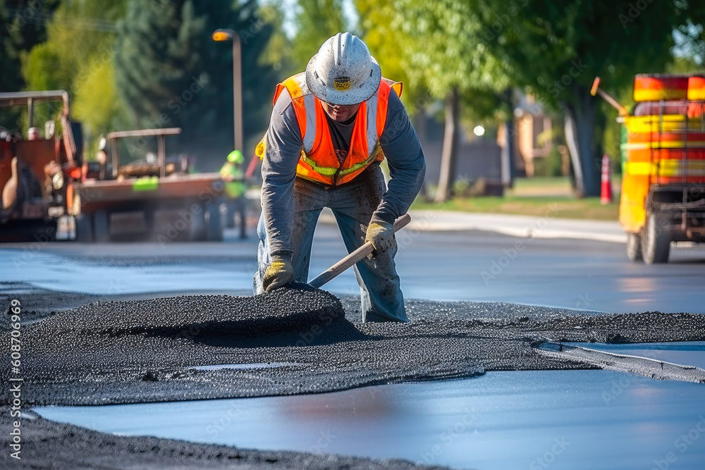 Male worker lays asphalt road repair road paving. A man in overalls is ...