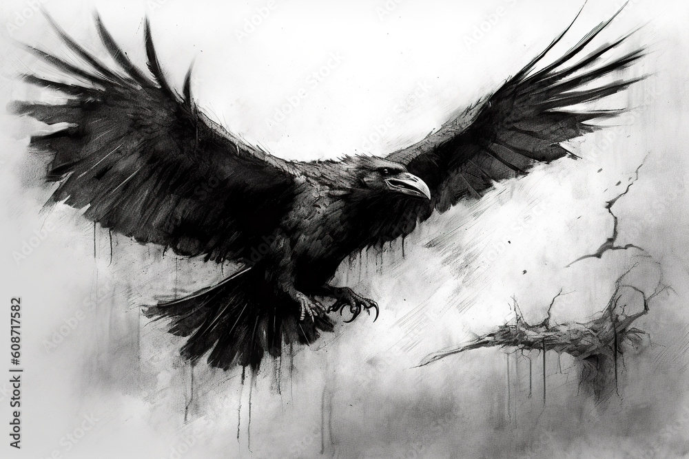 A black and white drawing of a large crow bird. Generative AI. Stock ...