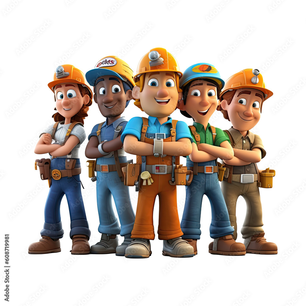 3D cartoon engineer team. Group of engineer on transparent background ...
