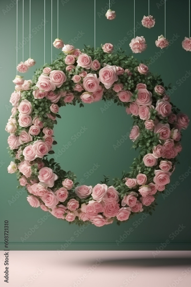 Circular flower arch floating in the air, Full of pink roses and green ...