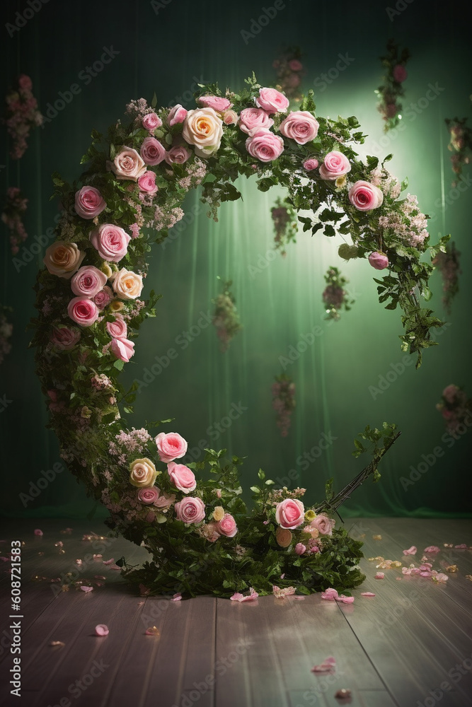 Circular flower arch floating in the air, Full of pink roses and green ...