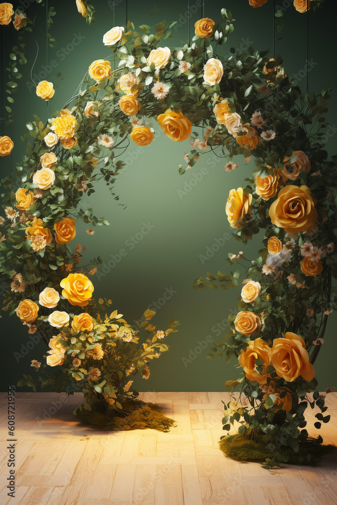 Circular flower arch floating in the air, Full of yellow roses and ...