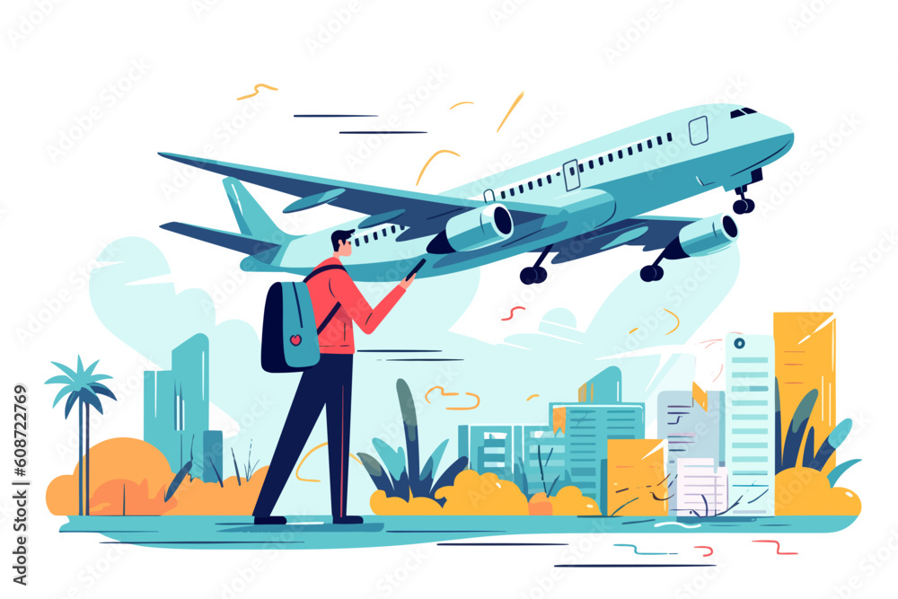 Doodle inspired Passenger checking a flight itinerary, cartoon sticker ...