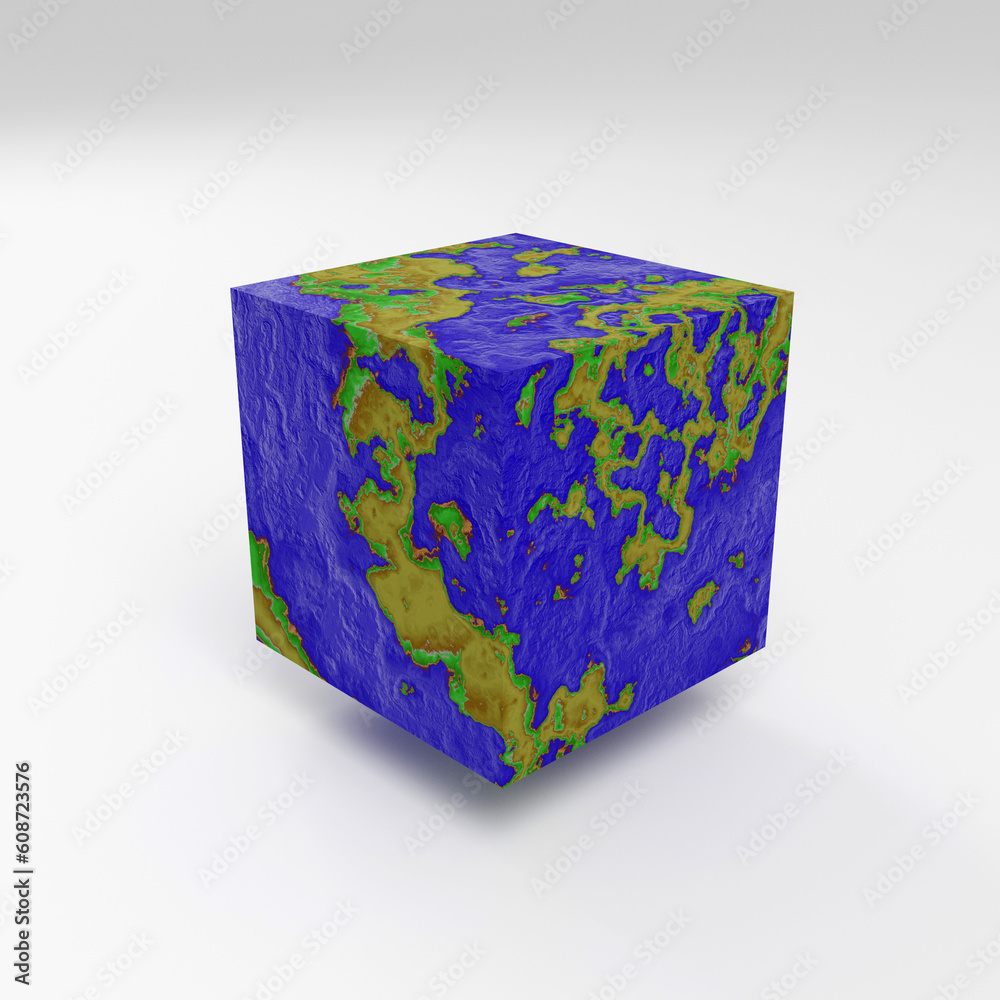 Earth as cube with texture of water and detailed relief map of the ...