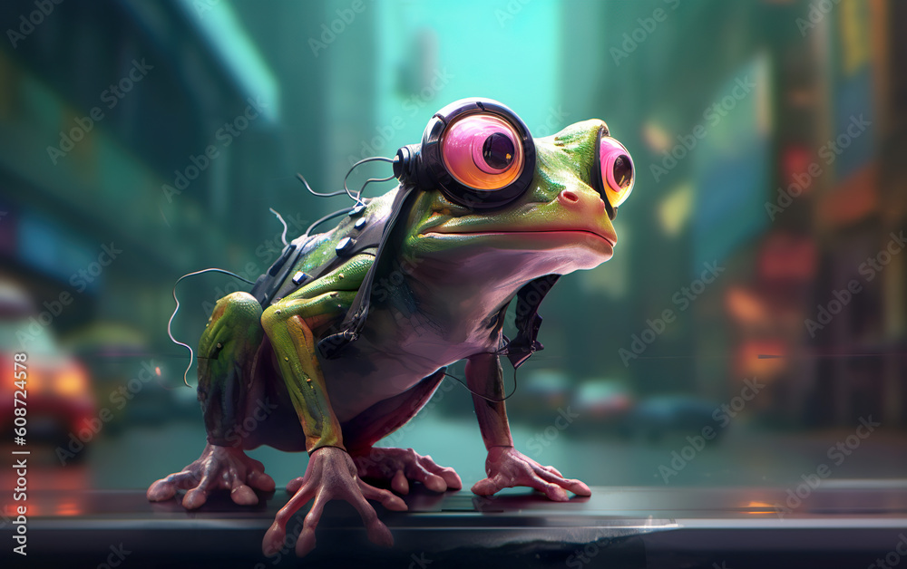 A futuristic frog with augmented reality implants and a vibrant neon ...