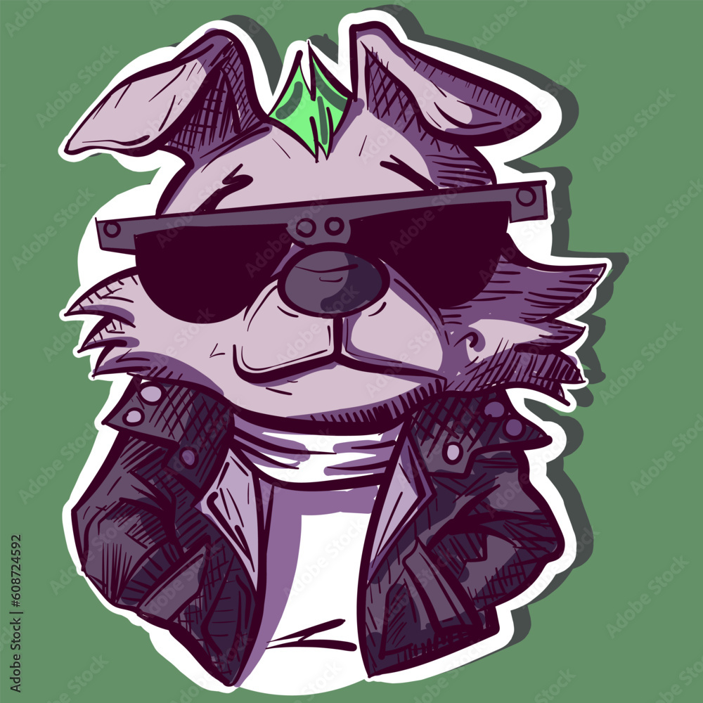 Digital art of a cool punk dog wearing sunglasses and a leather jacket ...