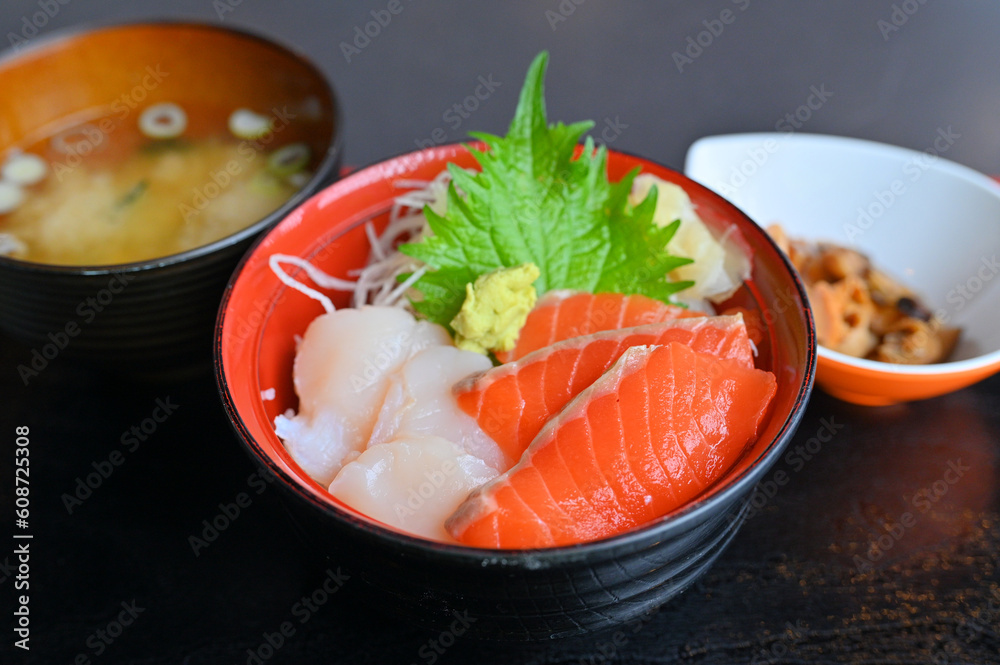 Premium fresh raw seafood mixed rice bowl (Kaisen-don, Japanese tasty ...