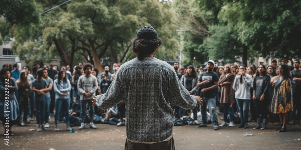 Person witnessing an impromptu dance battle in a city park, as talented ...